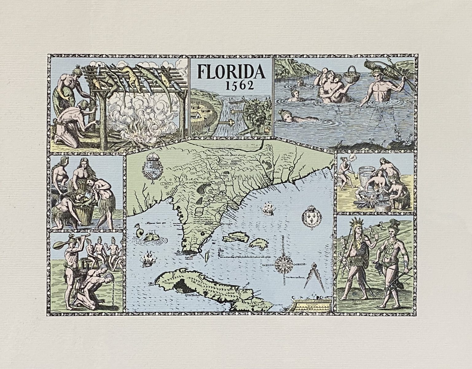 Map of Florida with illustrations by Jacques Le Moyne - Historic Print ...